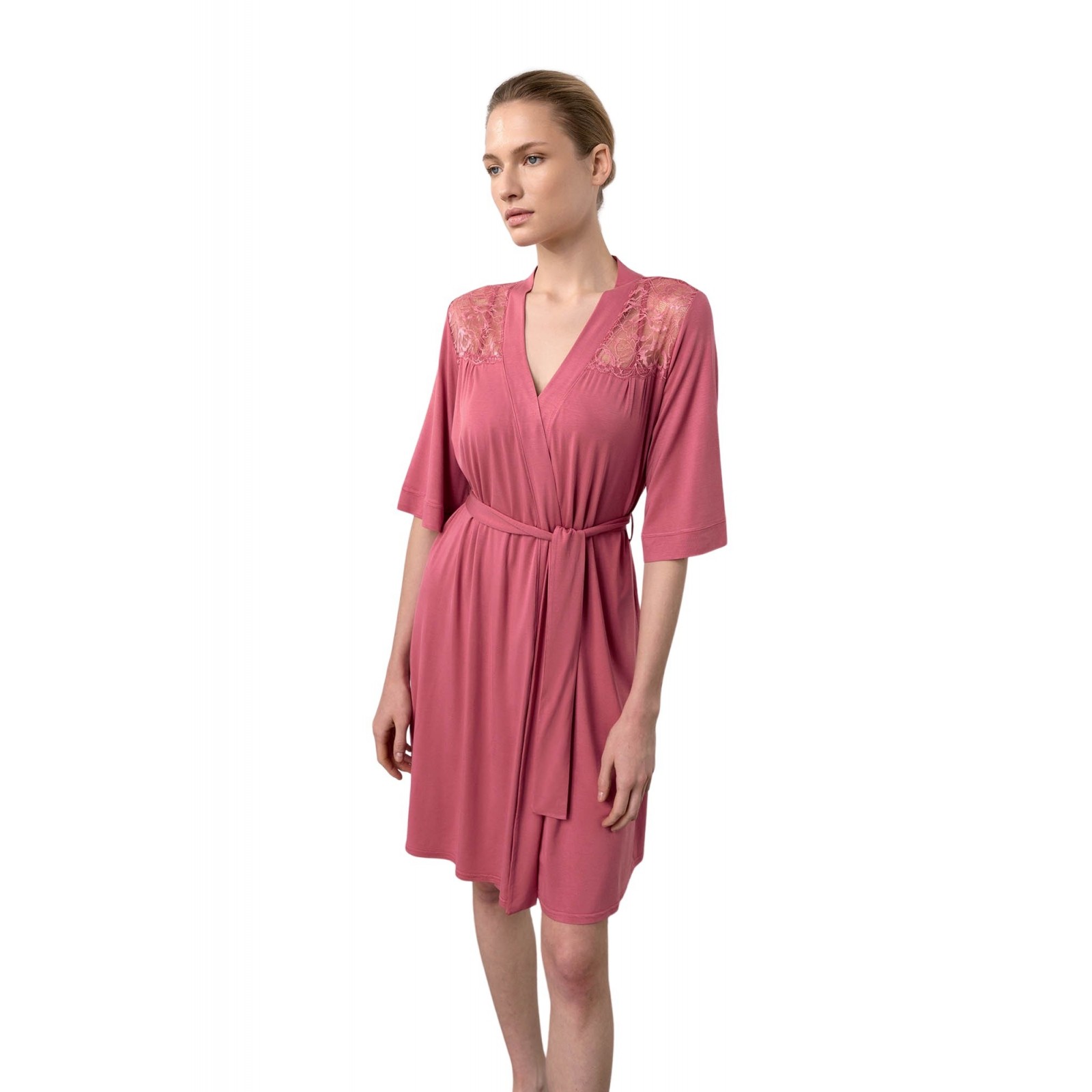 Vamp Γυναικεία Ρόμπα Μονόχρωμη Micromodal Με Λεπτομέρειες Δαντέλας - 18035